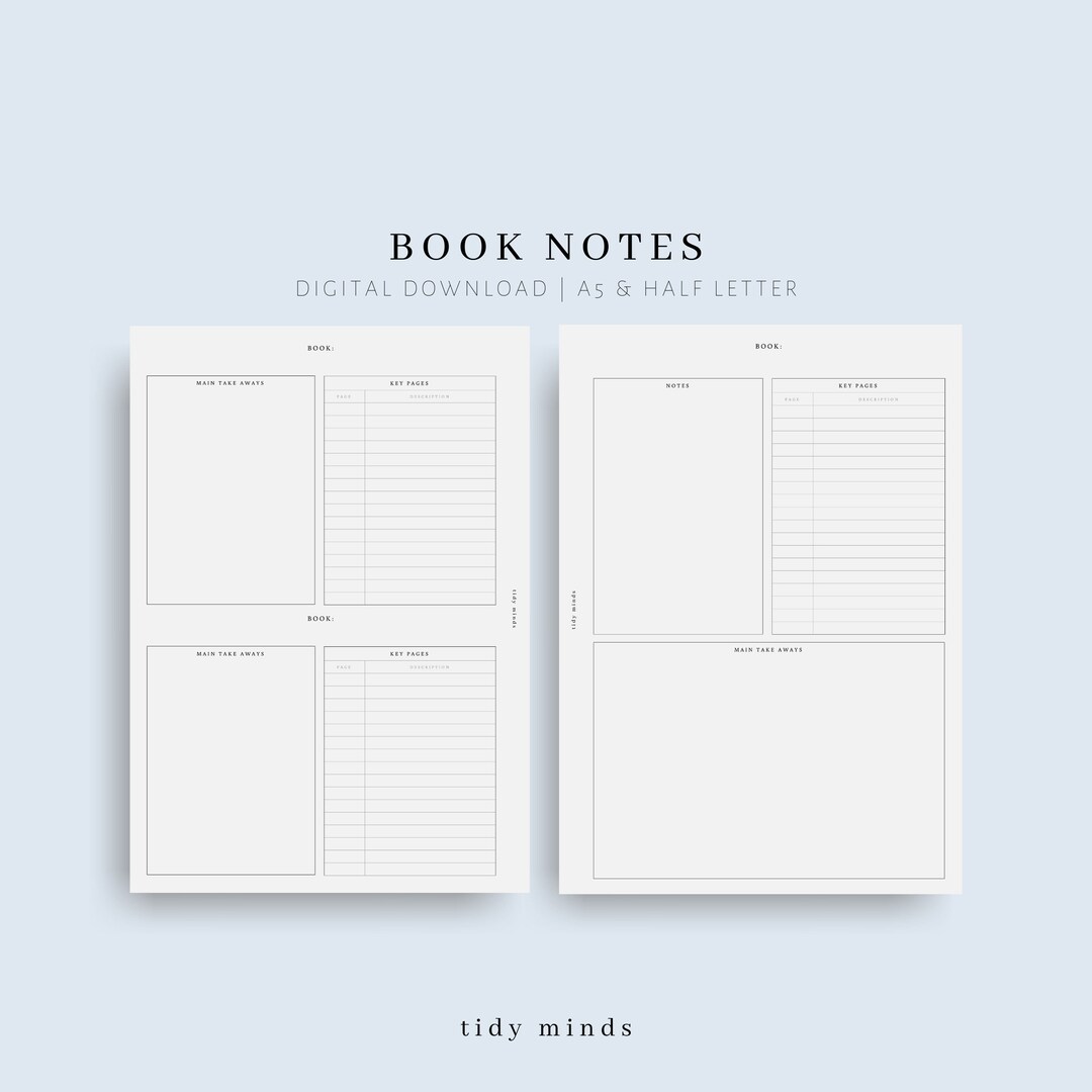 Book Notes, Reading Notes in A5 and Half Letter, Page Tracker, Filofax ...