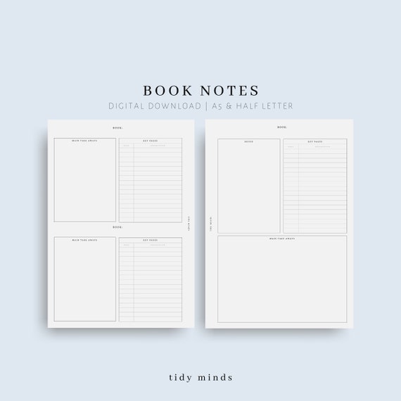 Book Notes Reading Notes in A5 and Half Letter Page Tracker | Etsy UK