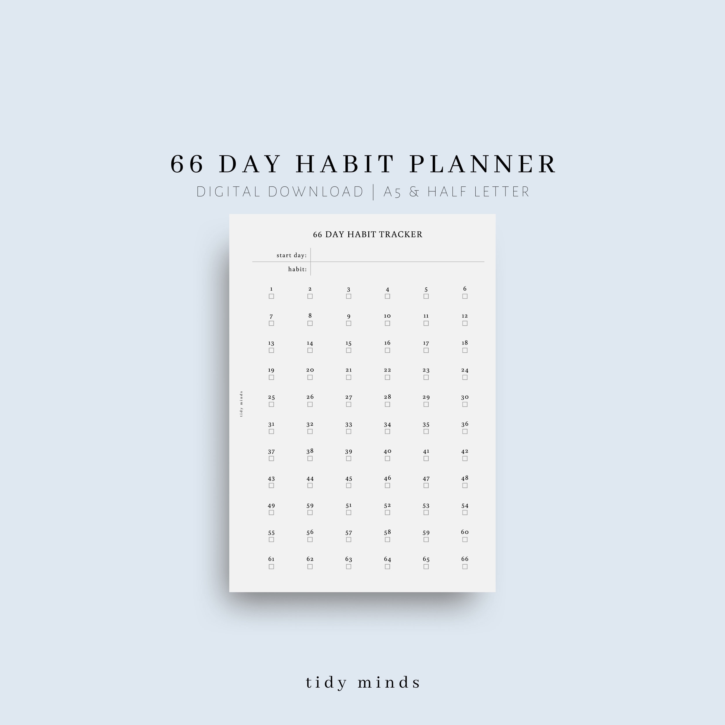 66 Day Habit Tracker, Printable Planner, A5 Half Letter (digital ...