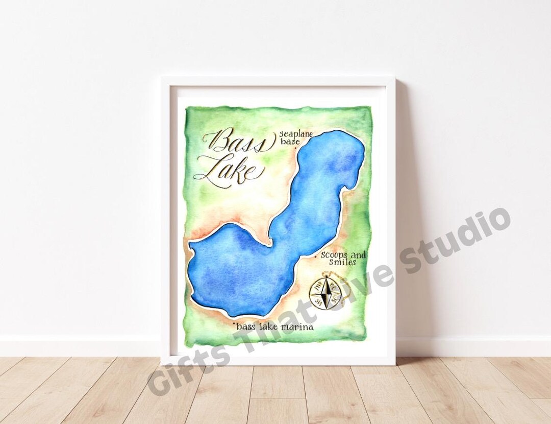 Custom Watercolor Lake Map Art: Personalized Lake House or Fishing ...