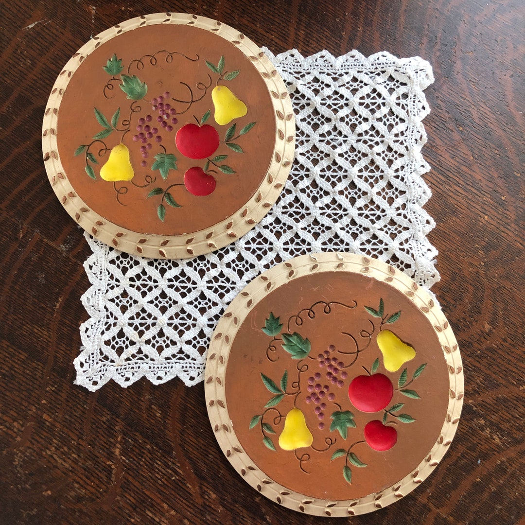 Pair of Vintage Devonware Chalkware Fruit Plaques, Hanging Chalkware ...