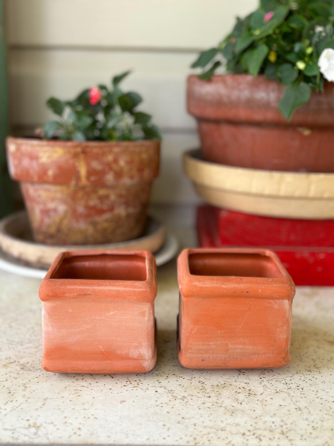 Set of 2 Vintage Square Terracotta Planters, Clay Flower Pots, Natural ...