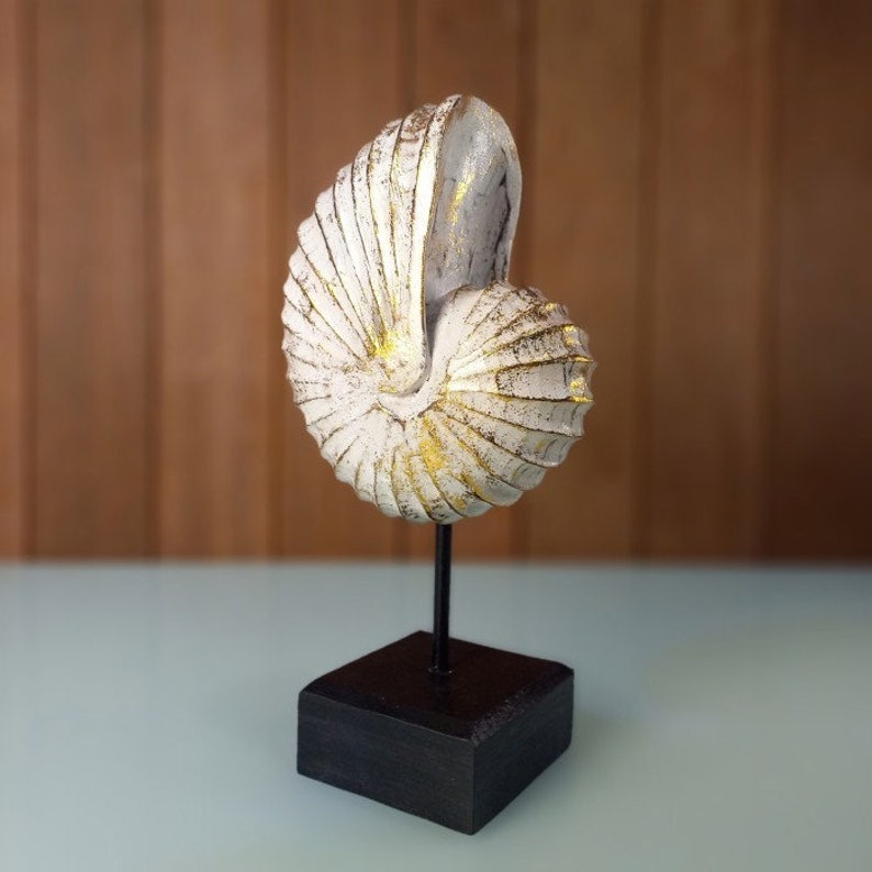 Hand-carved Nautilus Shell Sculpture: Coastal Decor, White & Gold ...