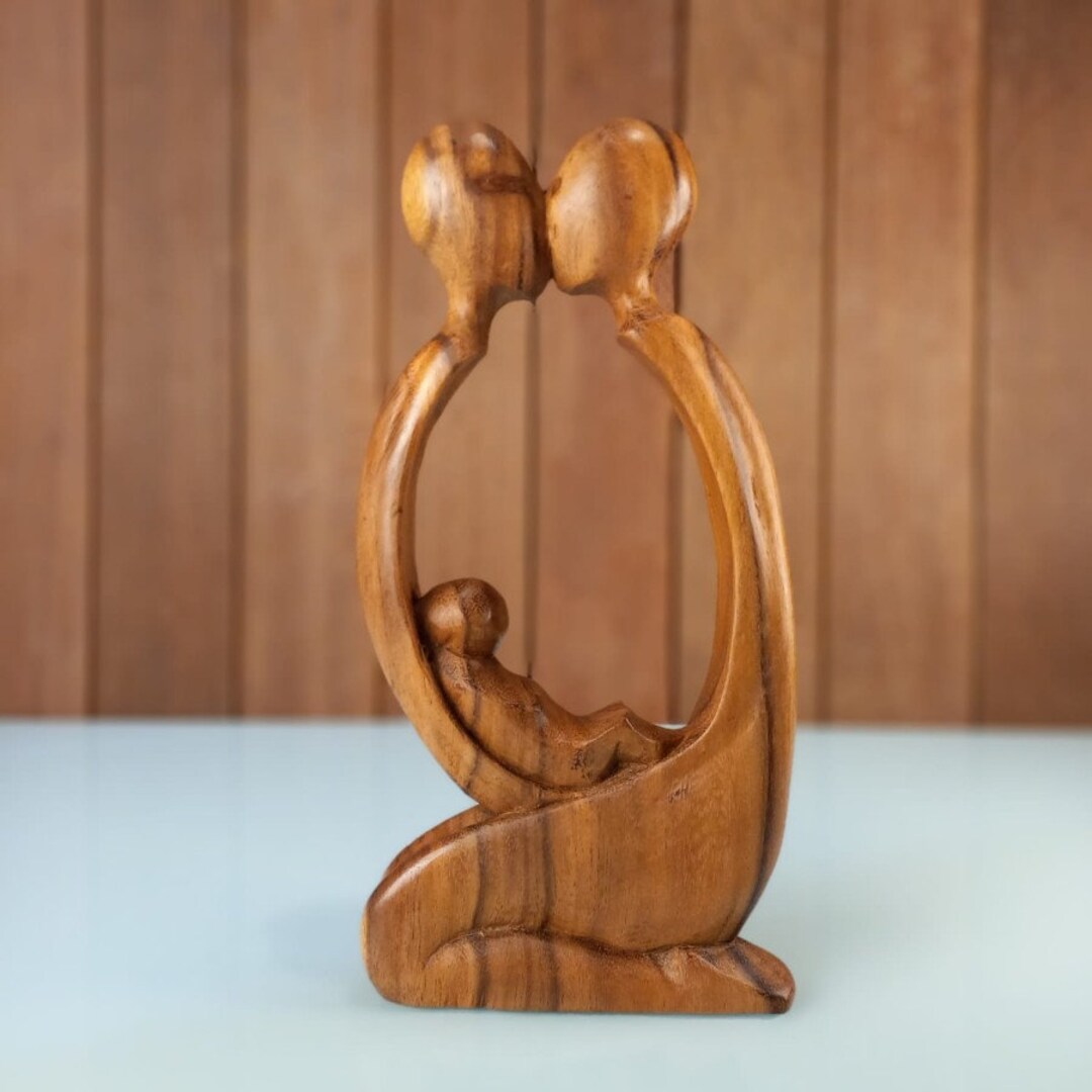 Kissing Couple Wood Statue Happy Family Sculpture Bali Wood Carving ...
