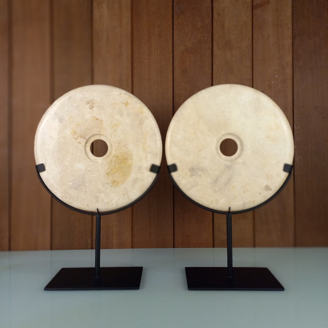 Marble White Stone Disc on Stand Set of 2pcs Large Size, Natural Stone ...
