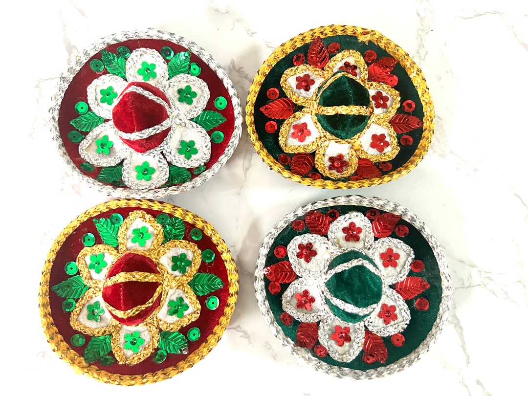Set of 3 Mini Sombreros, Red and Green Velvet Mariachi Sombrero, Mini ...