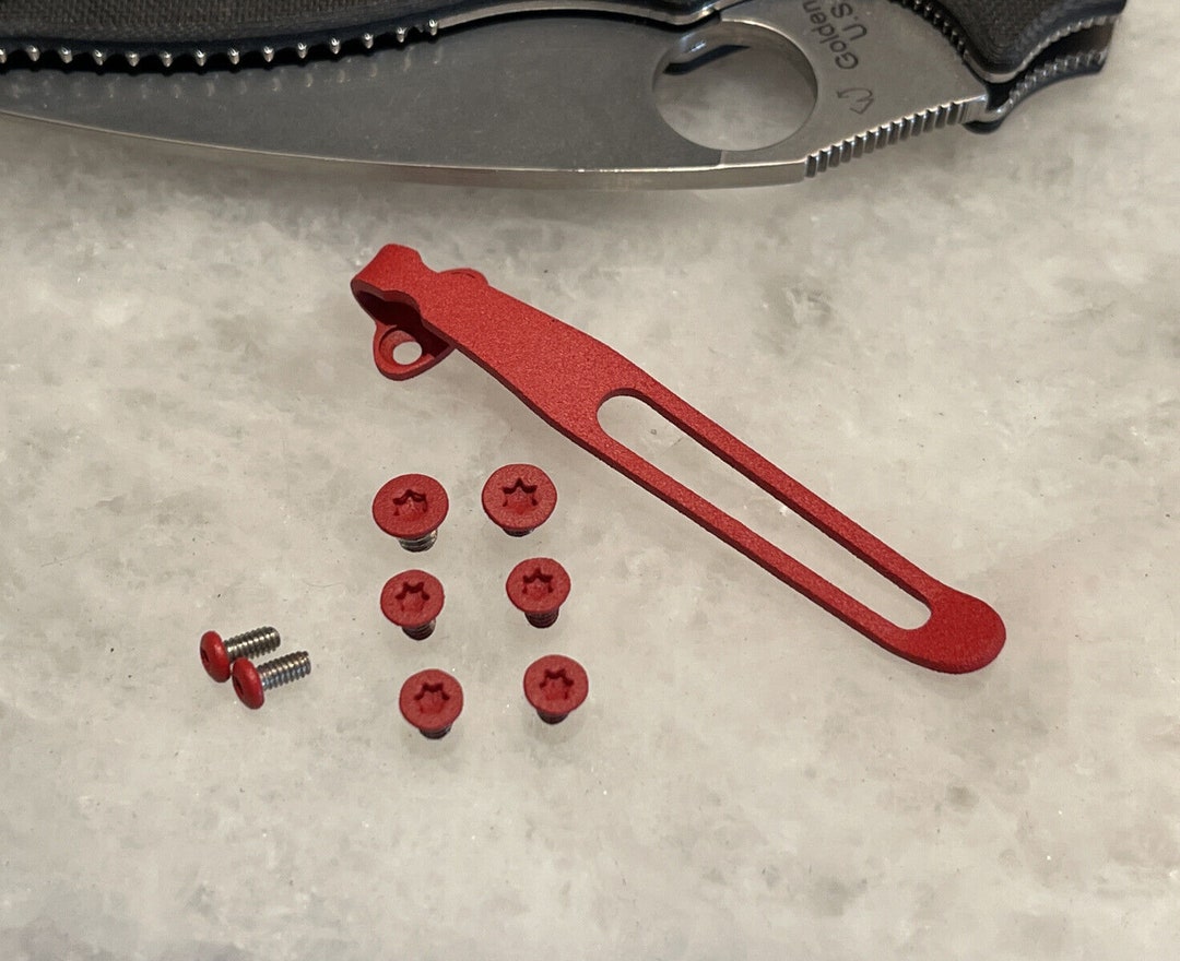 Flat Red Titanium Deep Pocket Clip and Stainless Screws for Spyderco ...
