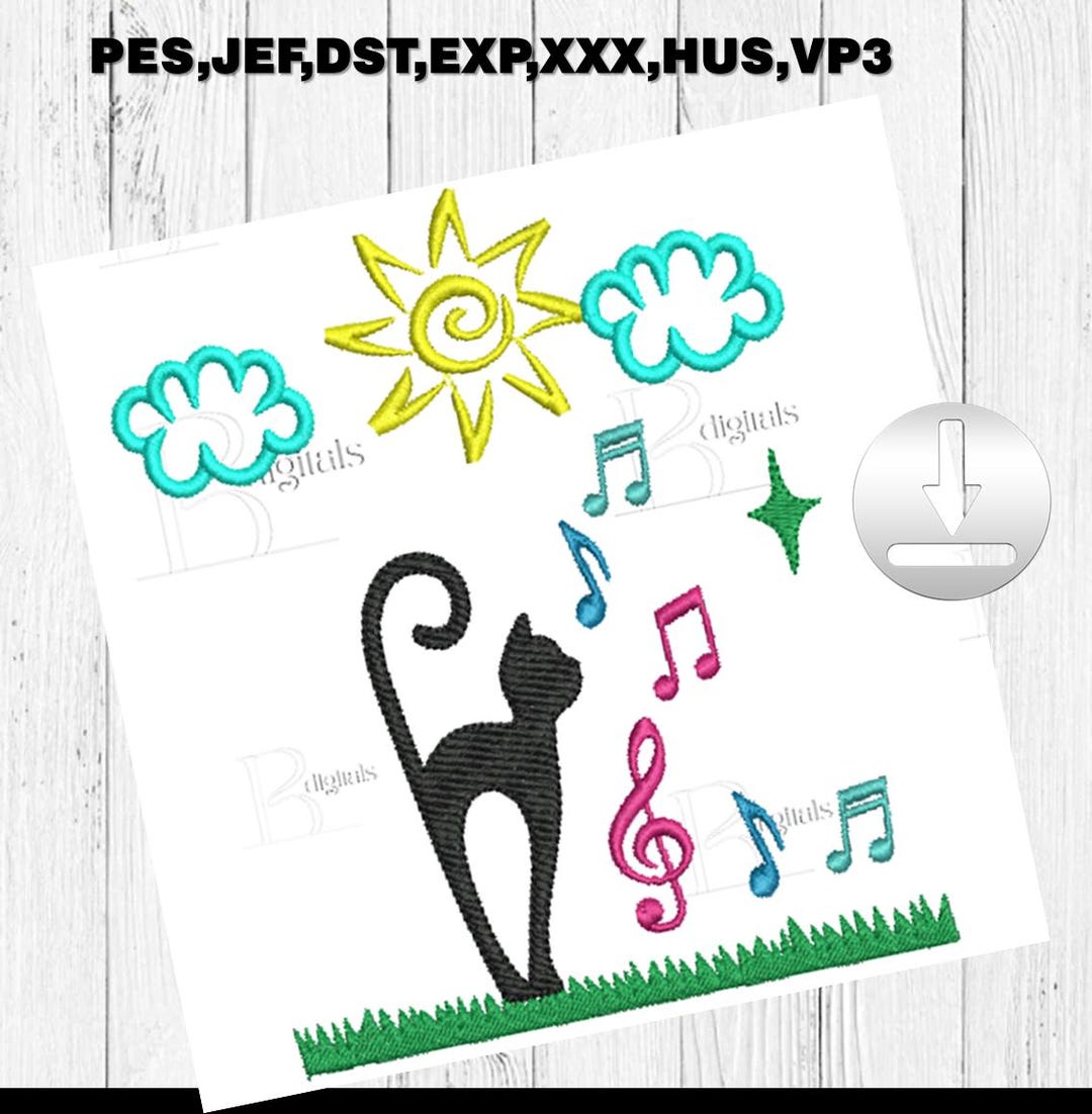 Black Cat Embroidery Design 5 Sizes | Musical Black Cat Embroidery ...