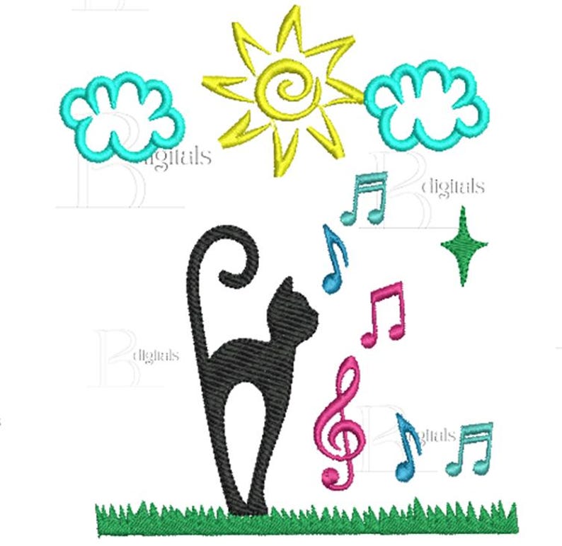 Black Cat Embroidery Design 5 Sizes | Musical Black Cat Embroidery ...