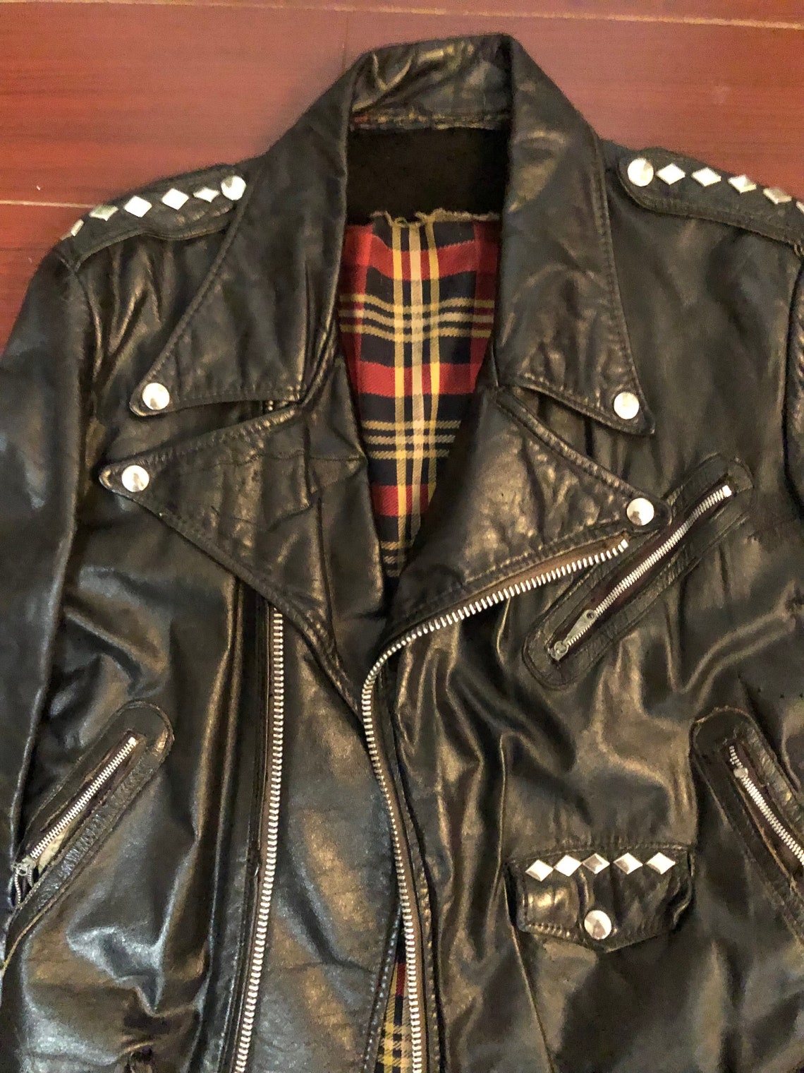 60s Classic Vintage Leather Motorcycle Biker Jacket With Plaid Lining ...