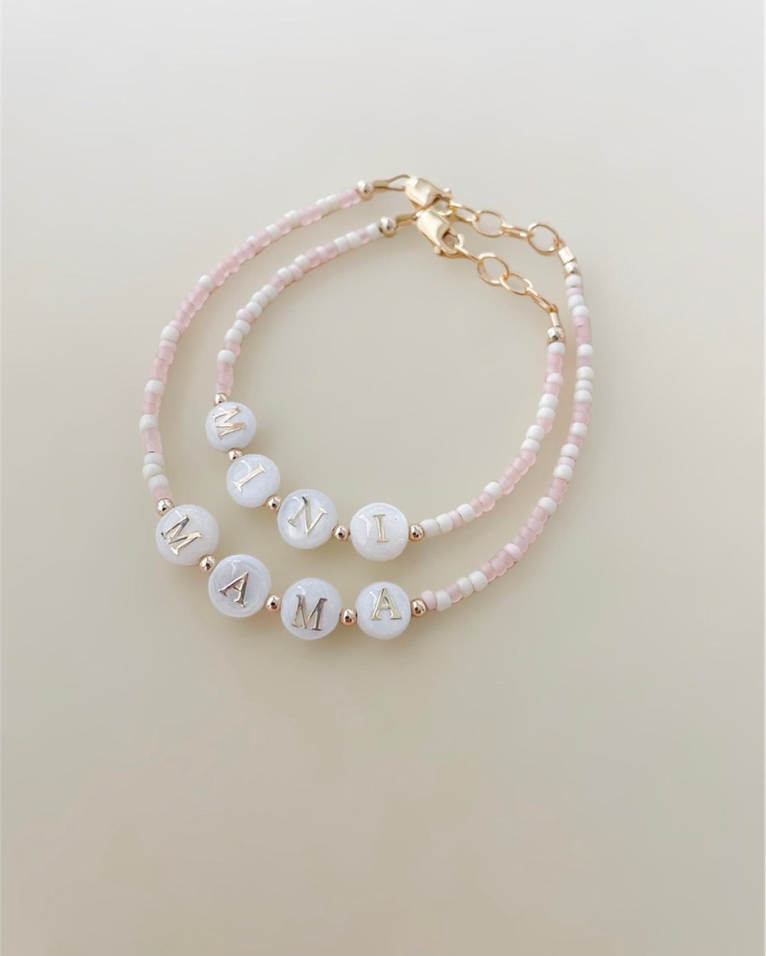 Mom and Mini Bracelet Set, Mother of Pearl Letter Beads, Mothersday Set ...