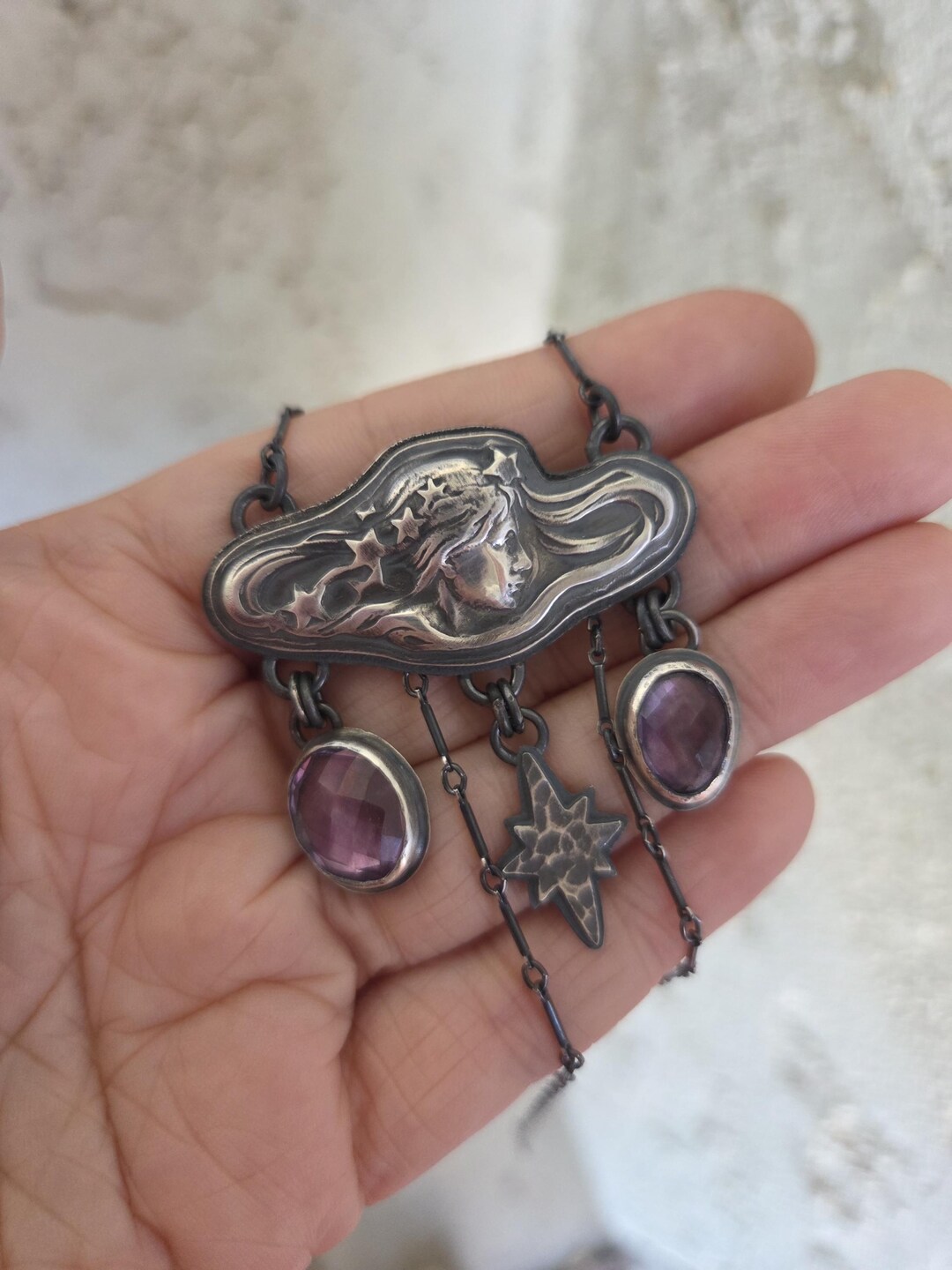 Sterling Silver Sorceress Witch Wizard Pagan Art Nouveau Starry Night ...