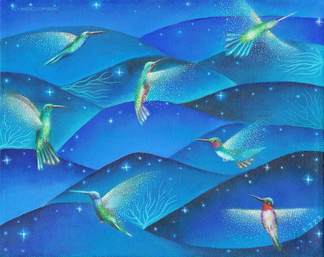 Magical Hummingbirds Decor, Surreal Birds Painting, Mystical Blue Wall ...