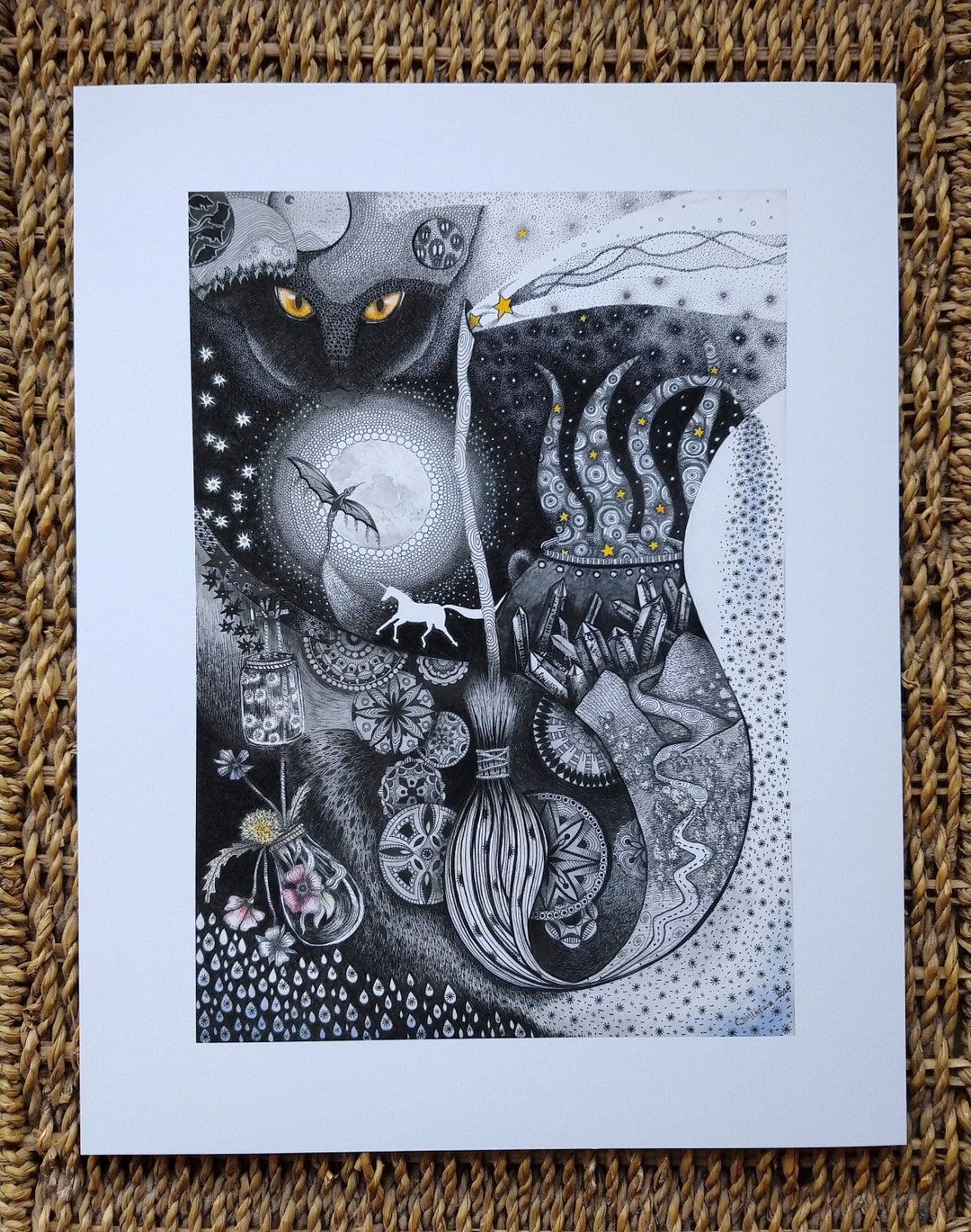 Witchy Art Print, Cat and Broom Artwork, Original Fantasy Creature ...