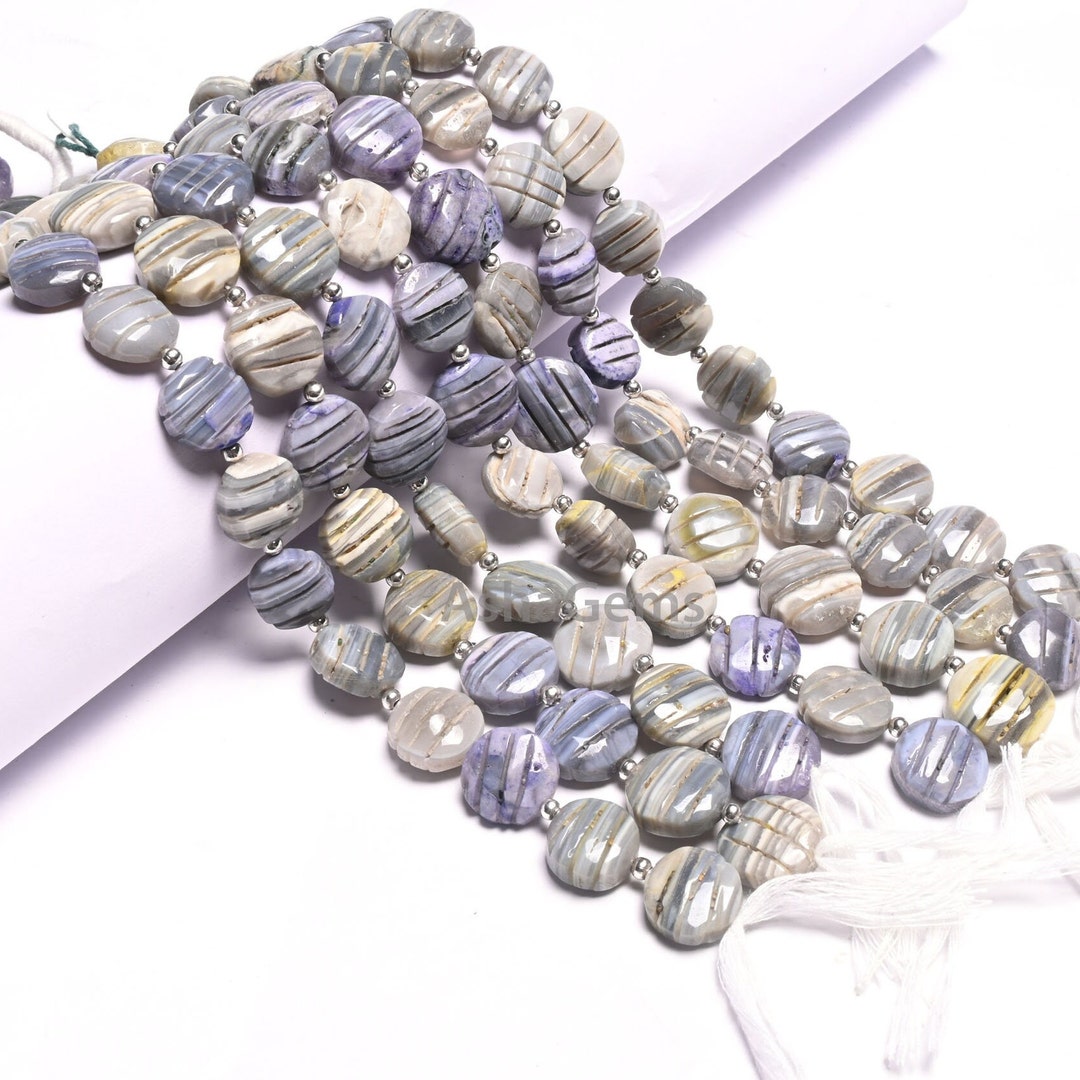 Shaded Grey Blue Boulder Opal Coin Carving Beads, Gemstone Carved Coin ...