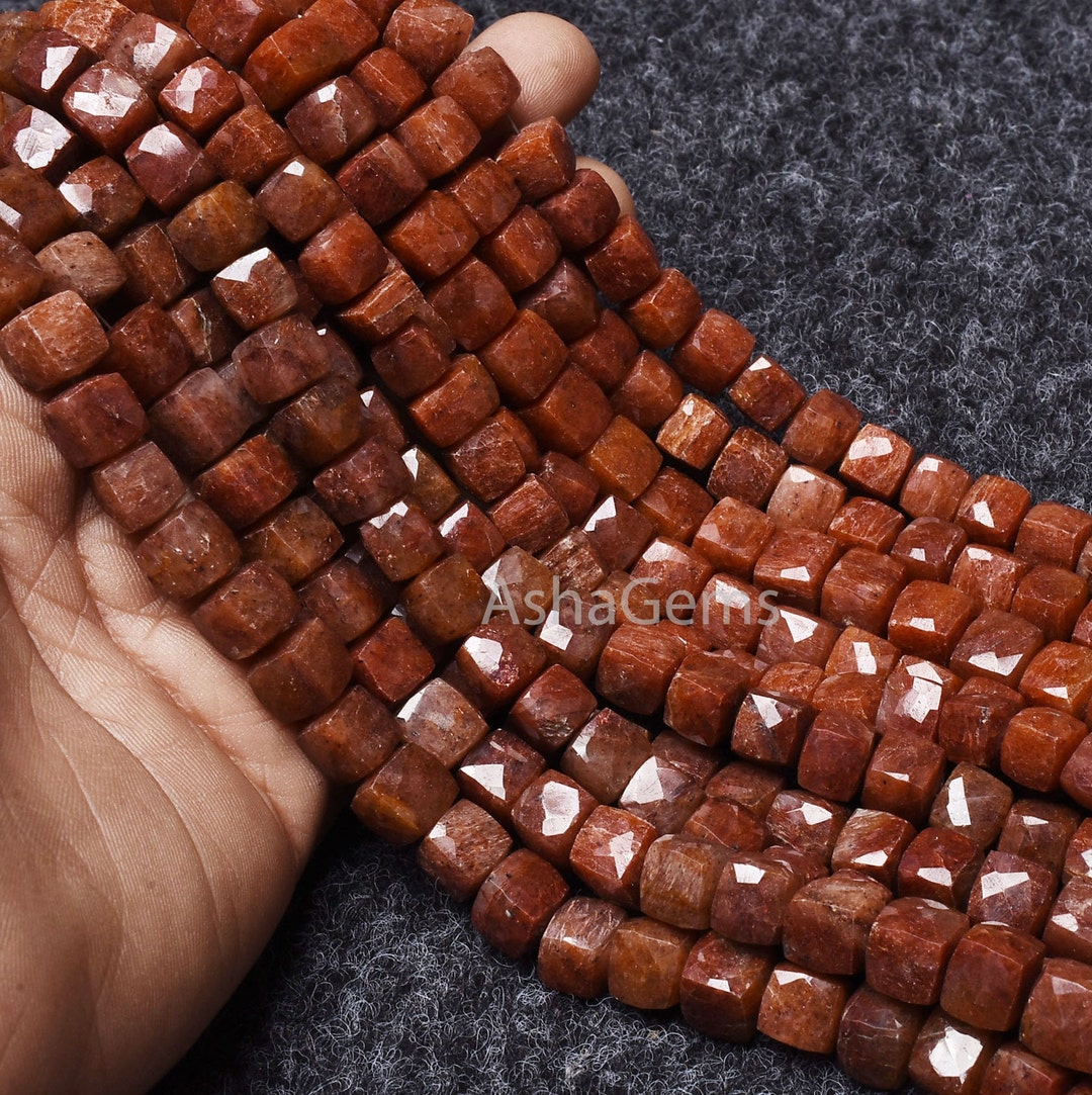 Red Sunstone Faceted 3D Cube Box Shape Beads, Gemstone Indian Cut Dice ...