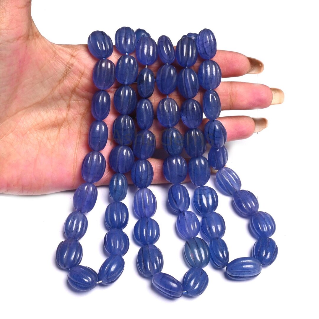 Fine Blue Quartz Fancy Puff Oval Carving Beads,18 Inch Strand Carved ...