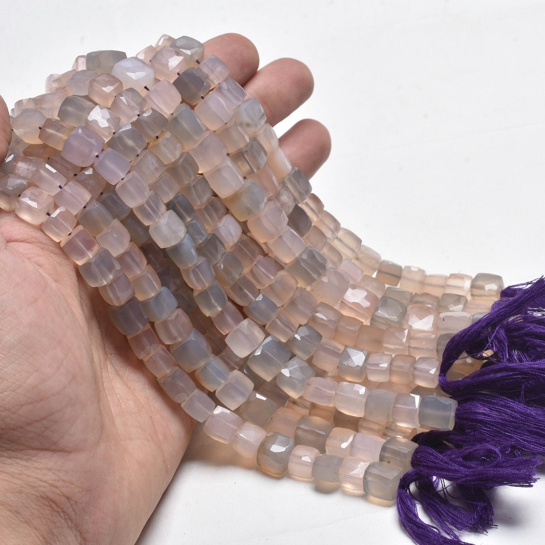Shaded Peach Grey Chalcedony Faceted 3D Cube Box Beads,8" Fine ...