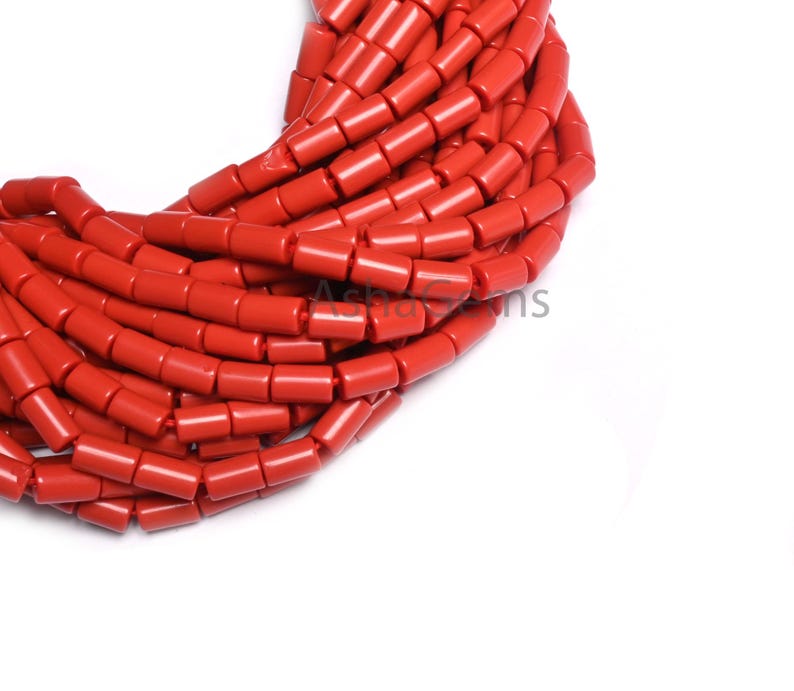 Opaque Red Coral Hydro Fancy Long Tube Shape Beads,12" Strand Handmade ...