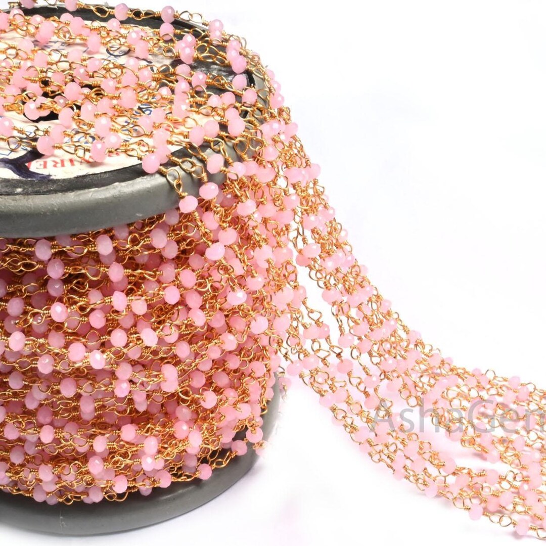 1,5,10,50 Feet Bulk Chain Pink Rose Quartz Hydro Faceted Rondelle Beads ...