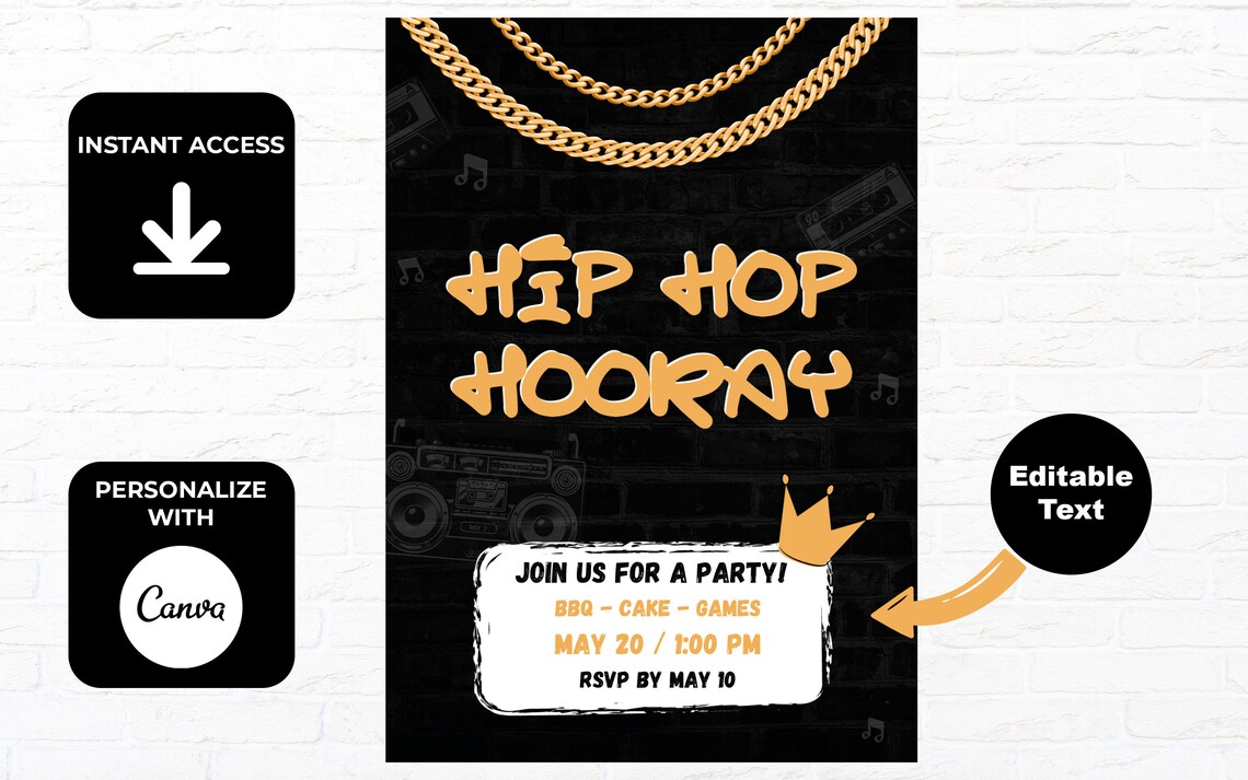 Hip Hop Birthday Invite, Hip Hop Party, Gold Chain Birthday Invite ...