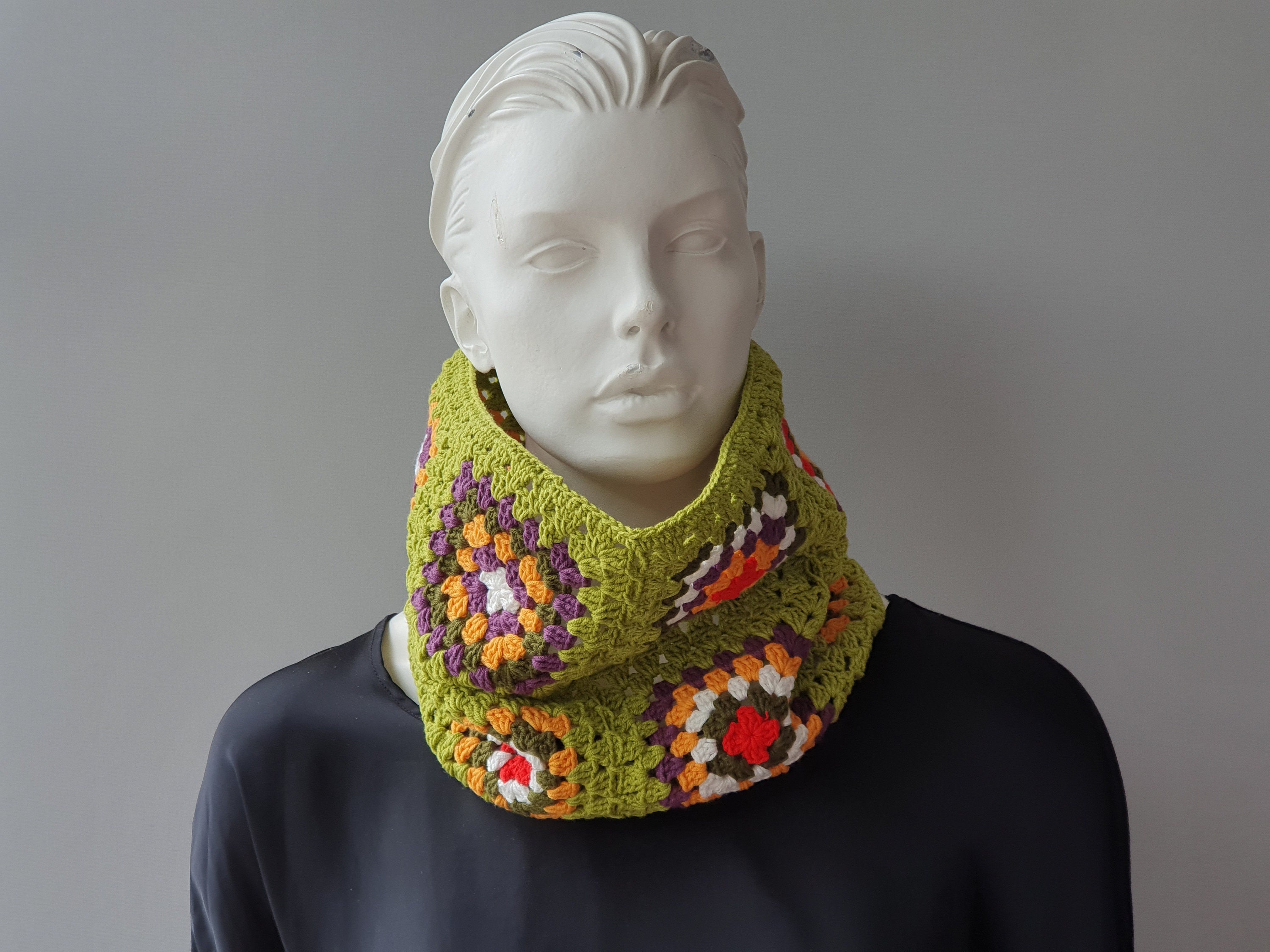 Afghan Scarf Granny Square Cowl Green Cowl Scarf Crochet - Etsy