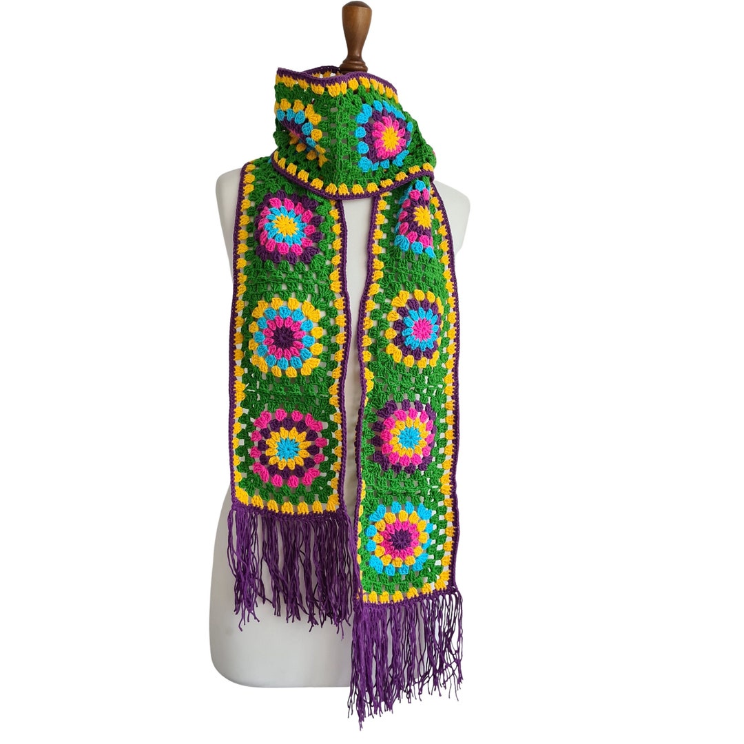 Crochet Granny Square Afghan Scarf, Long Hippie Scarf, Long Scarf ...