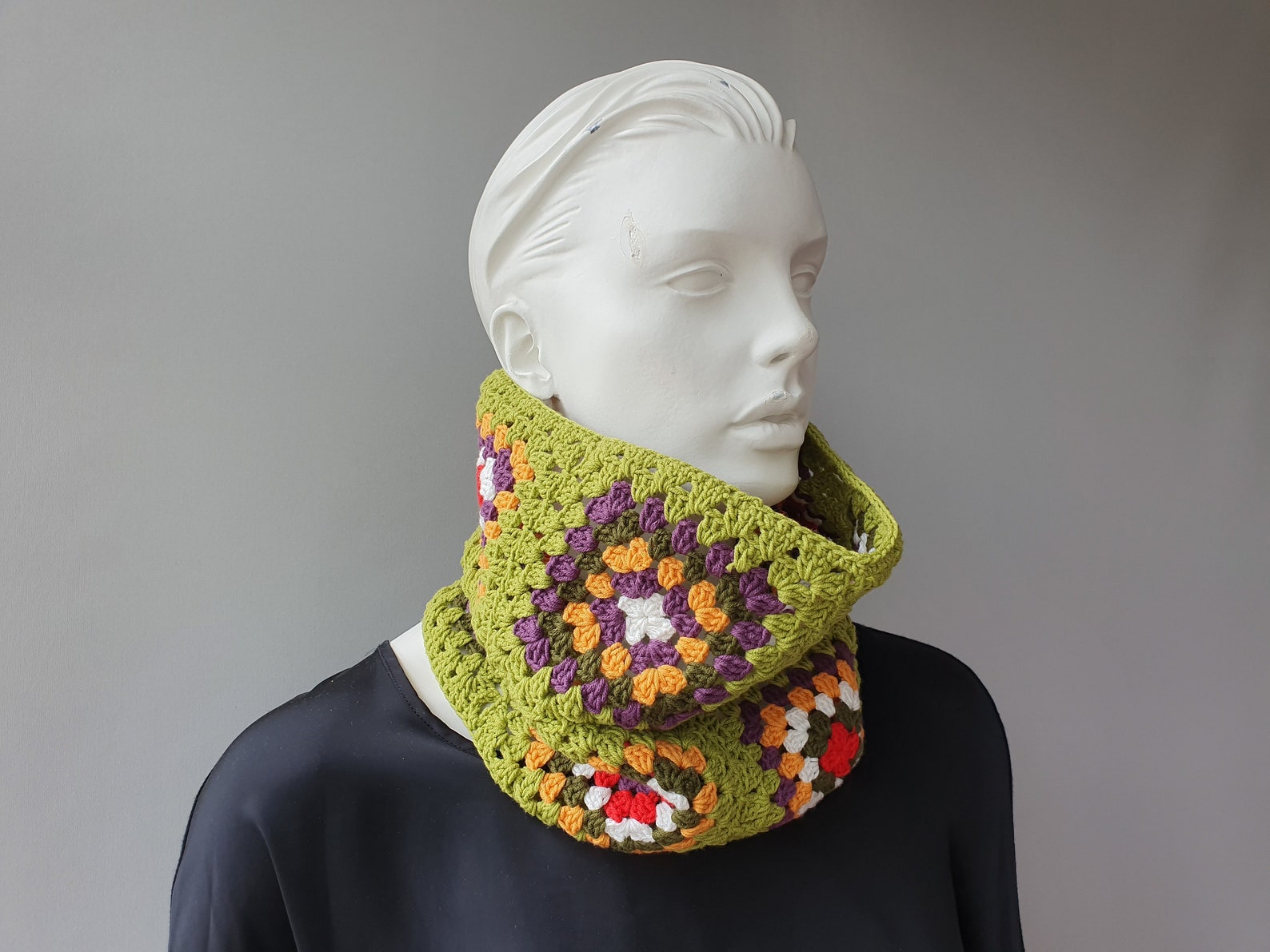Afghan Scarf Granny Square Cowl Green Cowl Scarf Crochet - Etsy