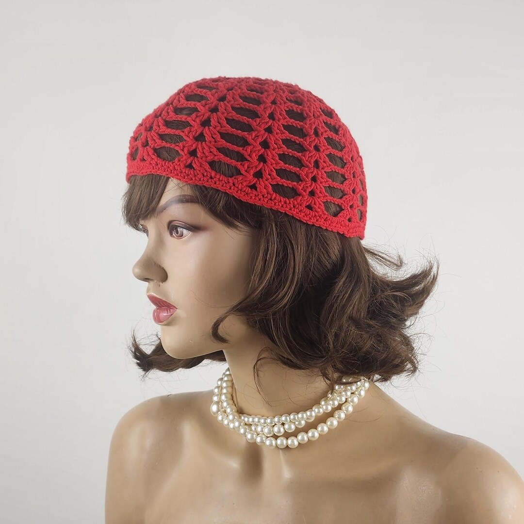 Crochet Mesh Cap, Red Crochet Skull Cap, Crochet Netted Hat, Vintage ...