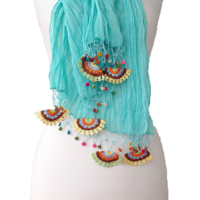 Cotton Scarf With Turkish Oya, Oversized Lightweight Turquoise Summer ...