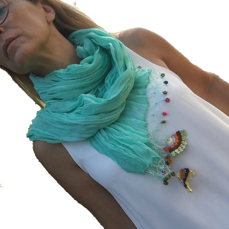 Cotton Scarf With Turkish Oya, Oversized Lightweight Turquoise Summer ...
