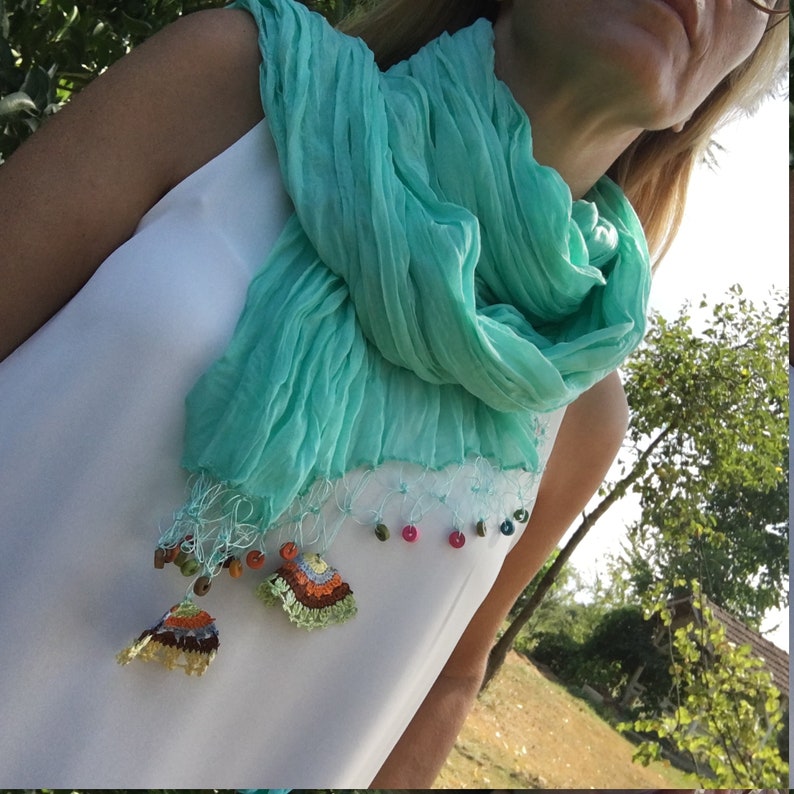 Cotton Scarf With Turkish Oya, Oversized Lightweight Turquoise Summer ...