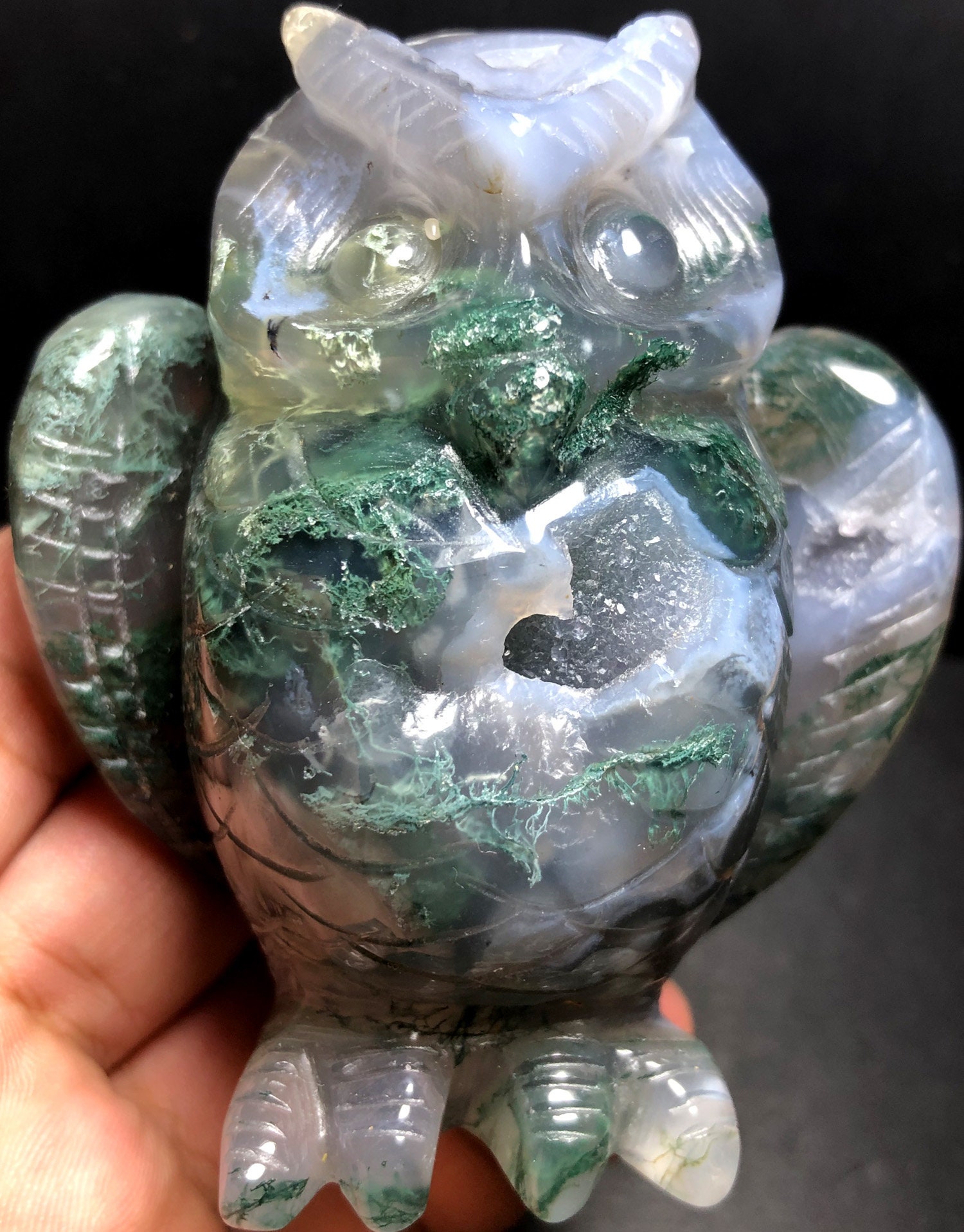 Moss agate owl 269g Wow Sea Jasper Crystal Ocean Jasper | Etsy
