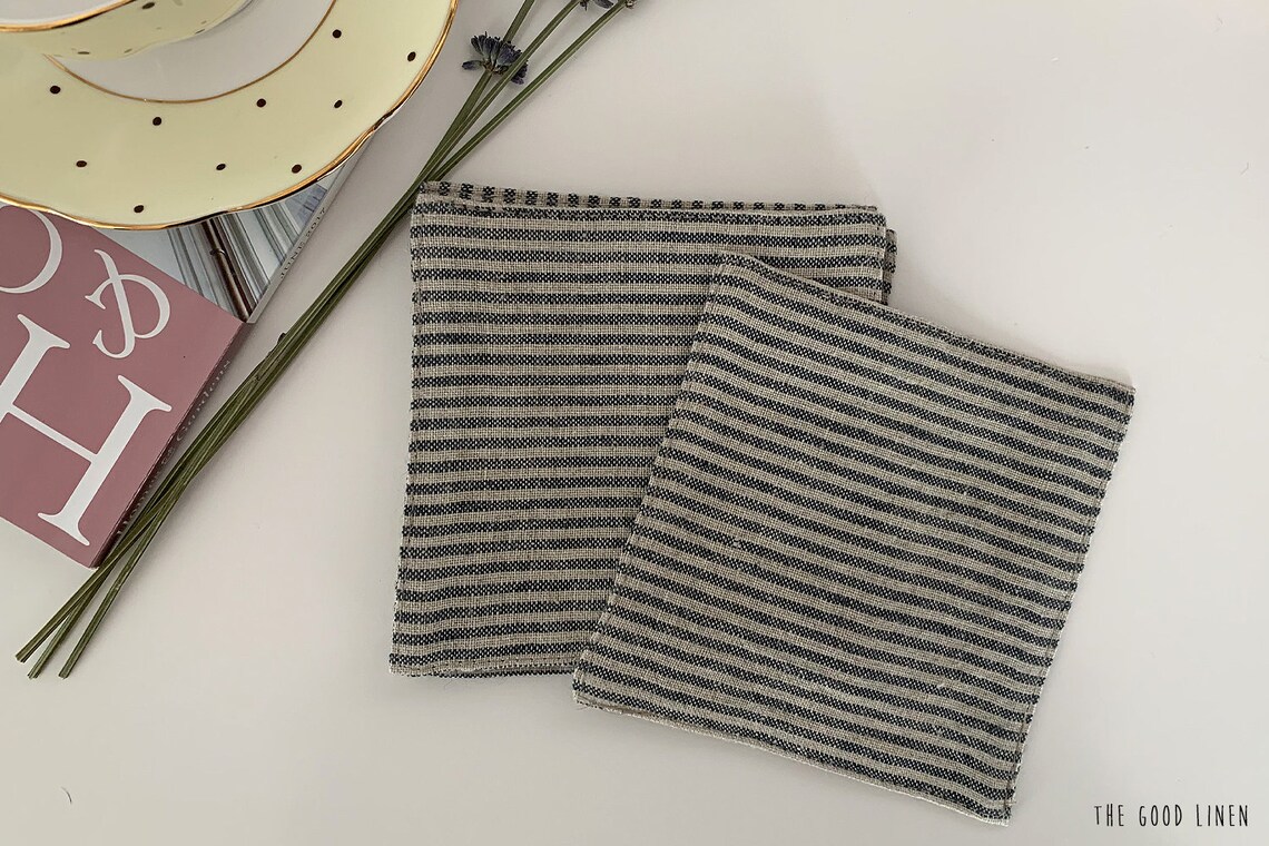 Linen Coasters Set, Striped Beige Linen Coasters Set of 4, 6. Cocktail ...