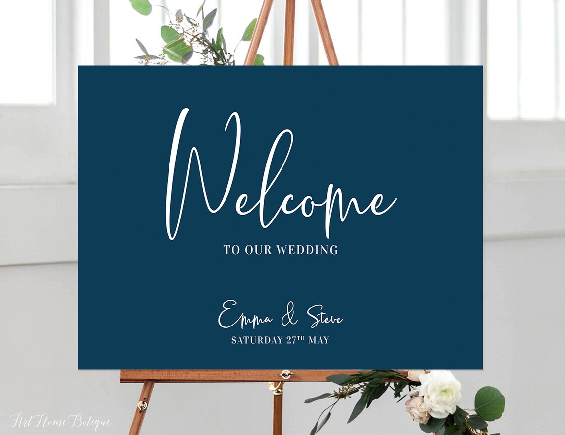 Navy Blue Script Wedding Welcome Sign Welcome Board Blue and | Etsy