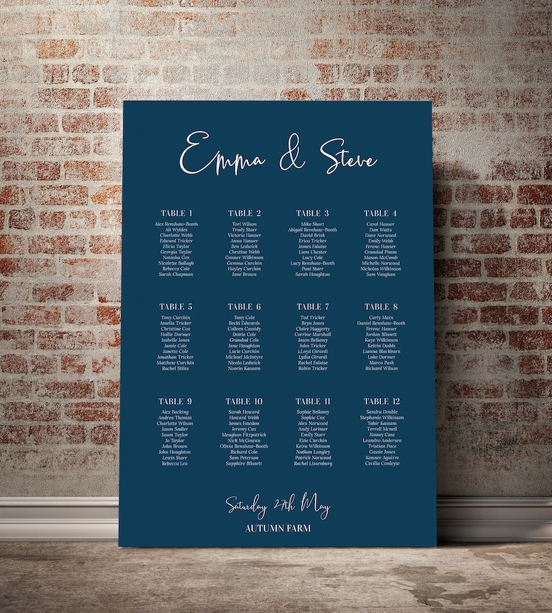 Navy Blue Script Wedding Table Plan- Seating Plan- Blue and White ...