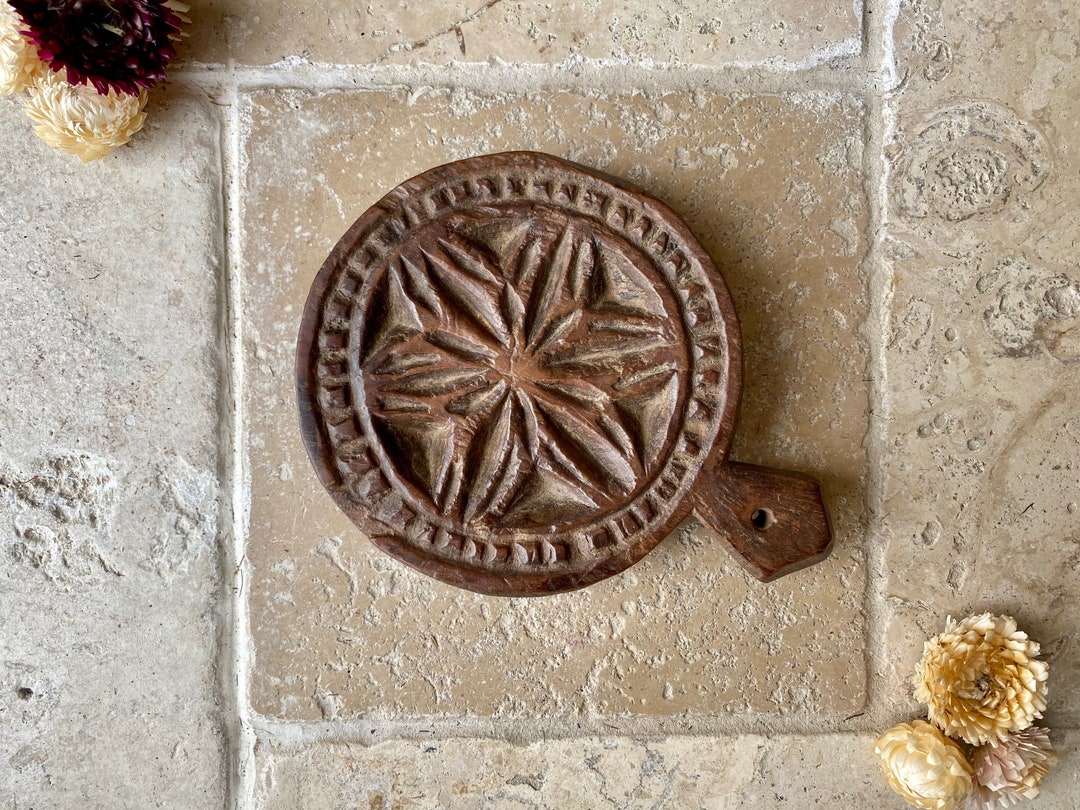 Antique Rustic Carved Wooden Shortbread Mould With Floral Star Pattern ...