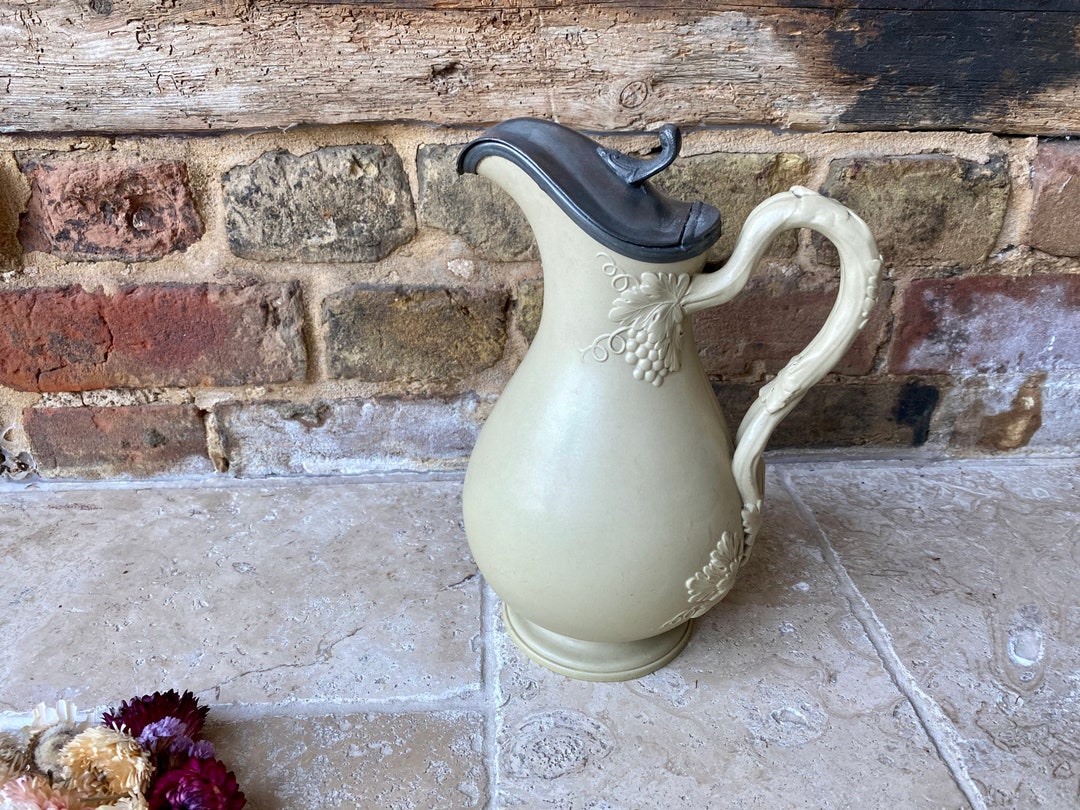 Antique Mid 1800s Victorian Salt Glazed Pitcher With Pewter Lid Plain ...