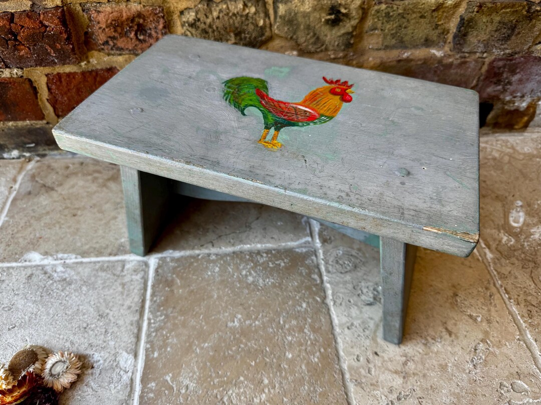 Vintage Hand-painted Foot Stool: Rustic Cockerel Folk Art Decor - Etsy