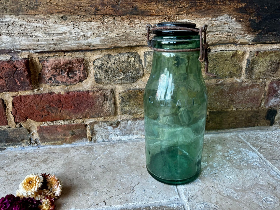 Antique French L’ideale Green Glass Canning Jar - Brevettée Advertising ...