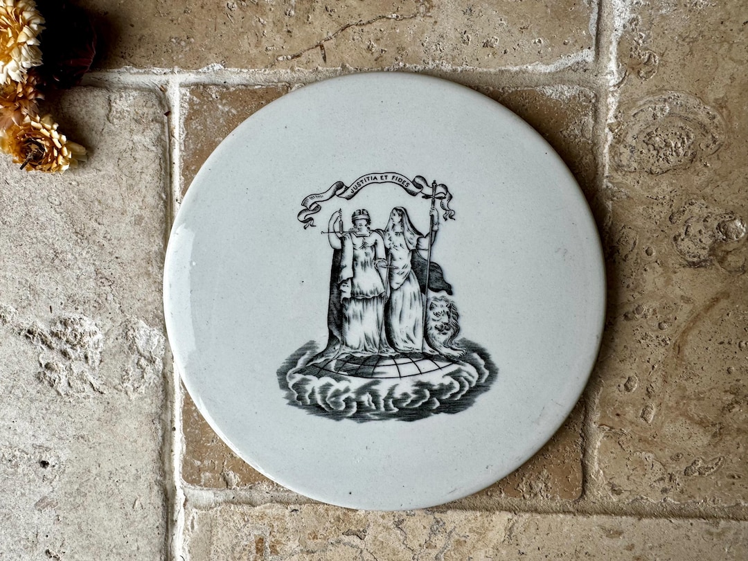 Antique Edwardian 1900s White Ironstone Scale Plate Justitia Fides Black Transfer Print Logo ...