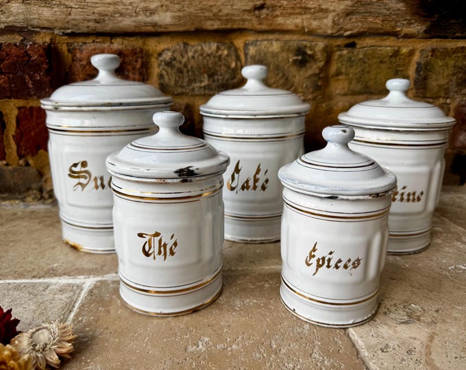 Antique French Set of Six White Enamel Kitchen Storage Jars or ...