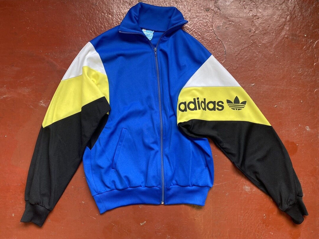 1970s 80s Adidas Made in Spain Blue and Yellow Spellout Sportswear Zip ...