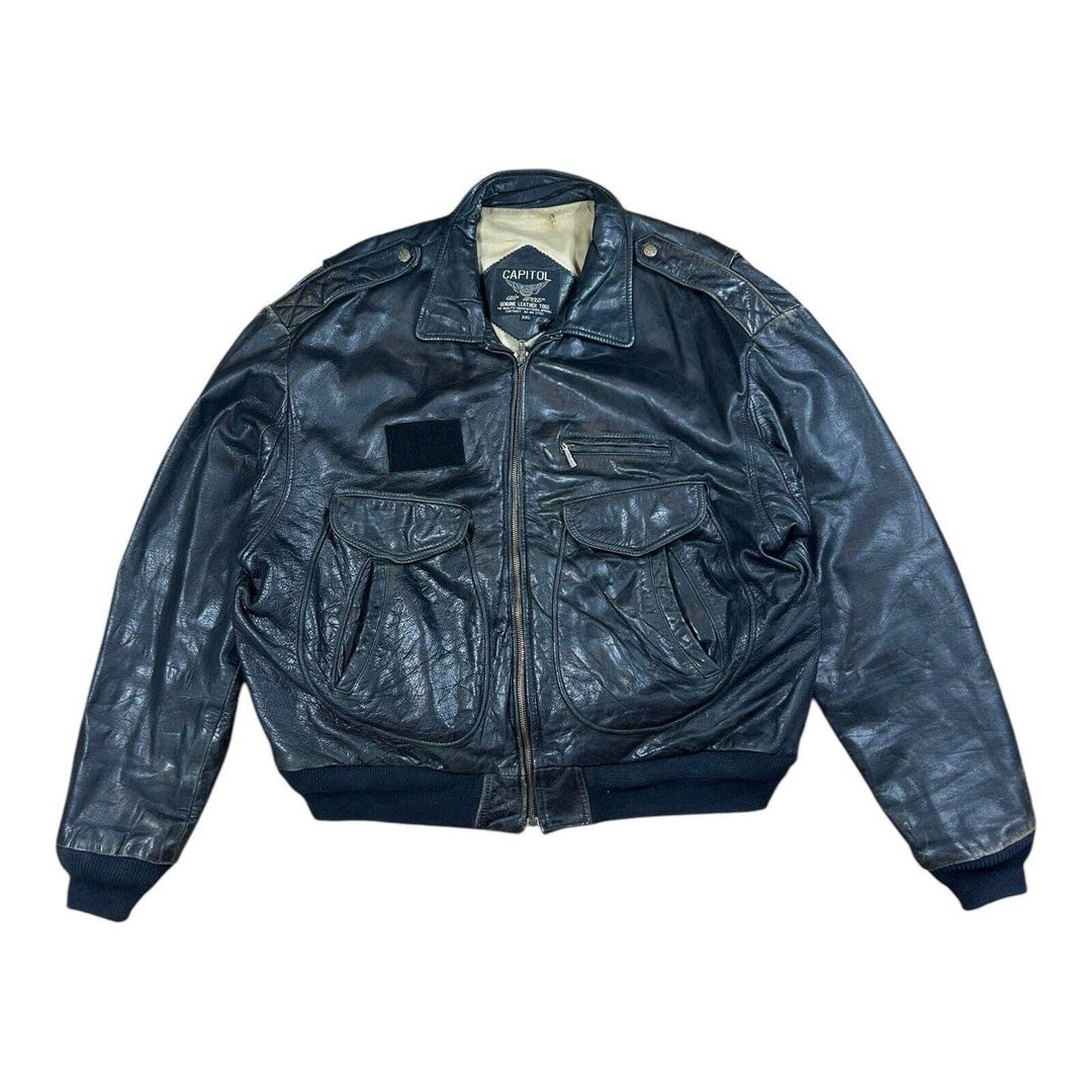 1990s Black Leather Bomber Jacket A2 Pilot Aviator Fur Flying Mens XXL ...