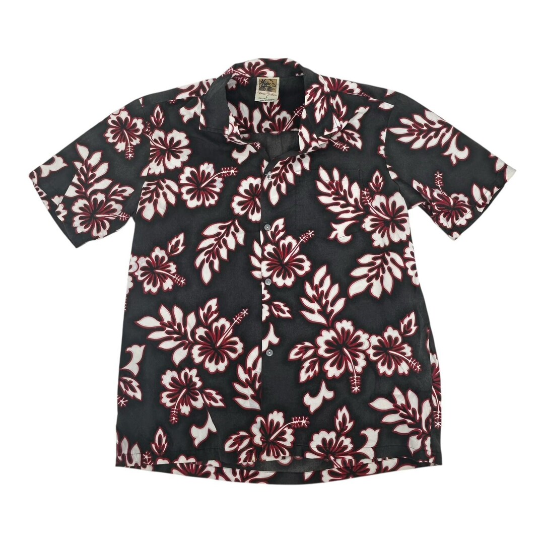 Vintage Hawaiian Shirt Winnie Fashion Made in USA Grey Red Floral Tiki ...