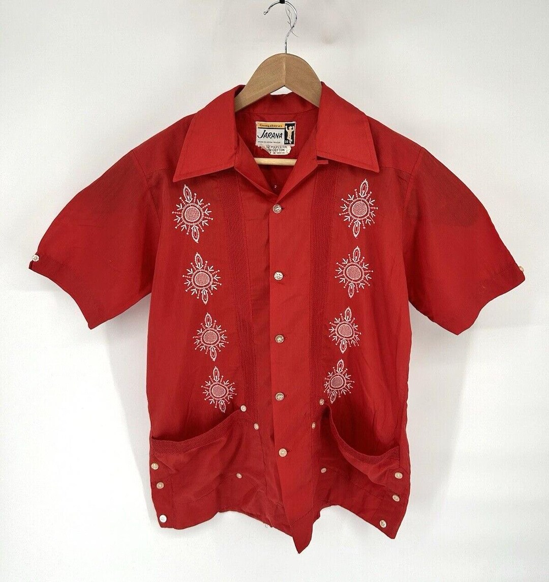 1960s Guayabera Shirt Loop Collar Red Embroidered Mexico Rockabilly ...