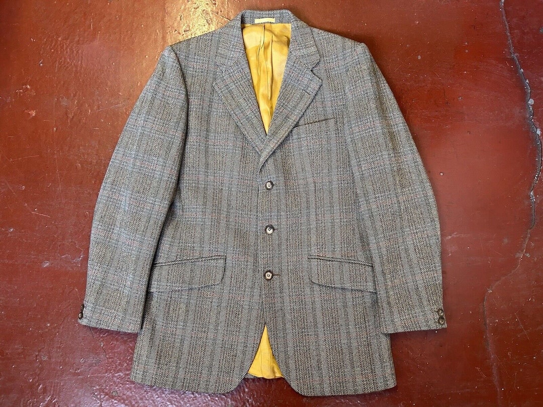 1960s 3 Button Green Check Tweed Blazer Bladder Made in England Country ...