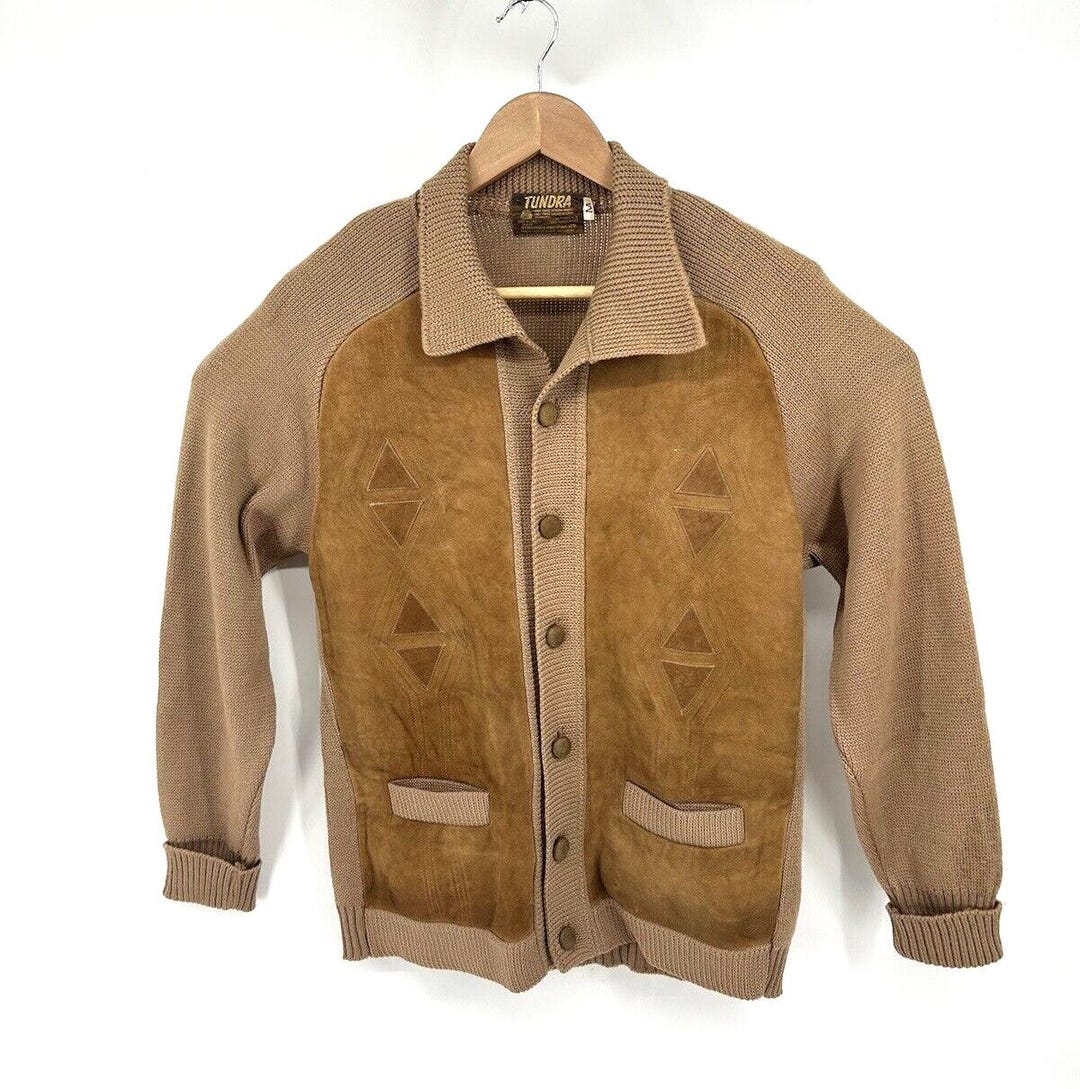 1970s Cardigan Suede Panel Wool 60s Mod Tundra Made in England Mens ...