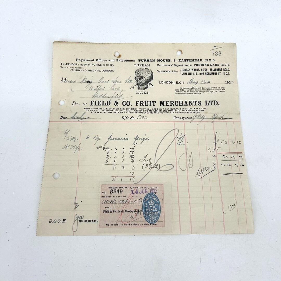 Antique Invoice Turban House Fruit Merchants 1920s Paperwork Receipt ...
