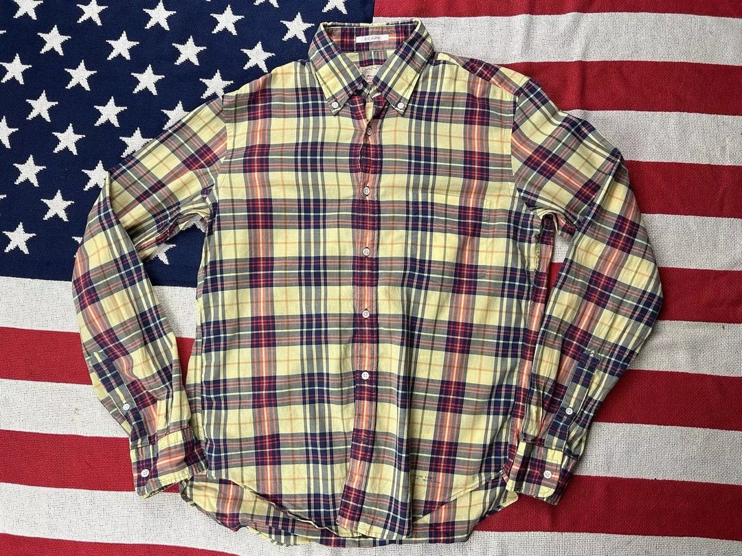 Gant the Hugger Shirt Yellow Madras Button Down Rugger Ivy League 60s ...